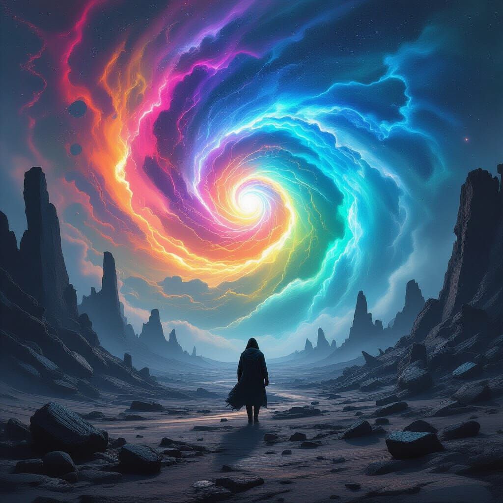 Wanderer in Alien Landscape with Cosmic Vortex - AI Art