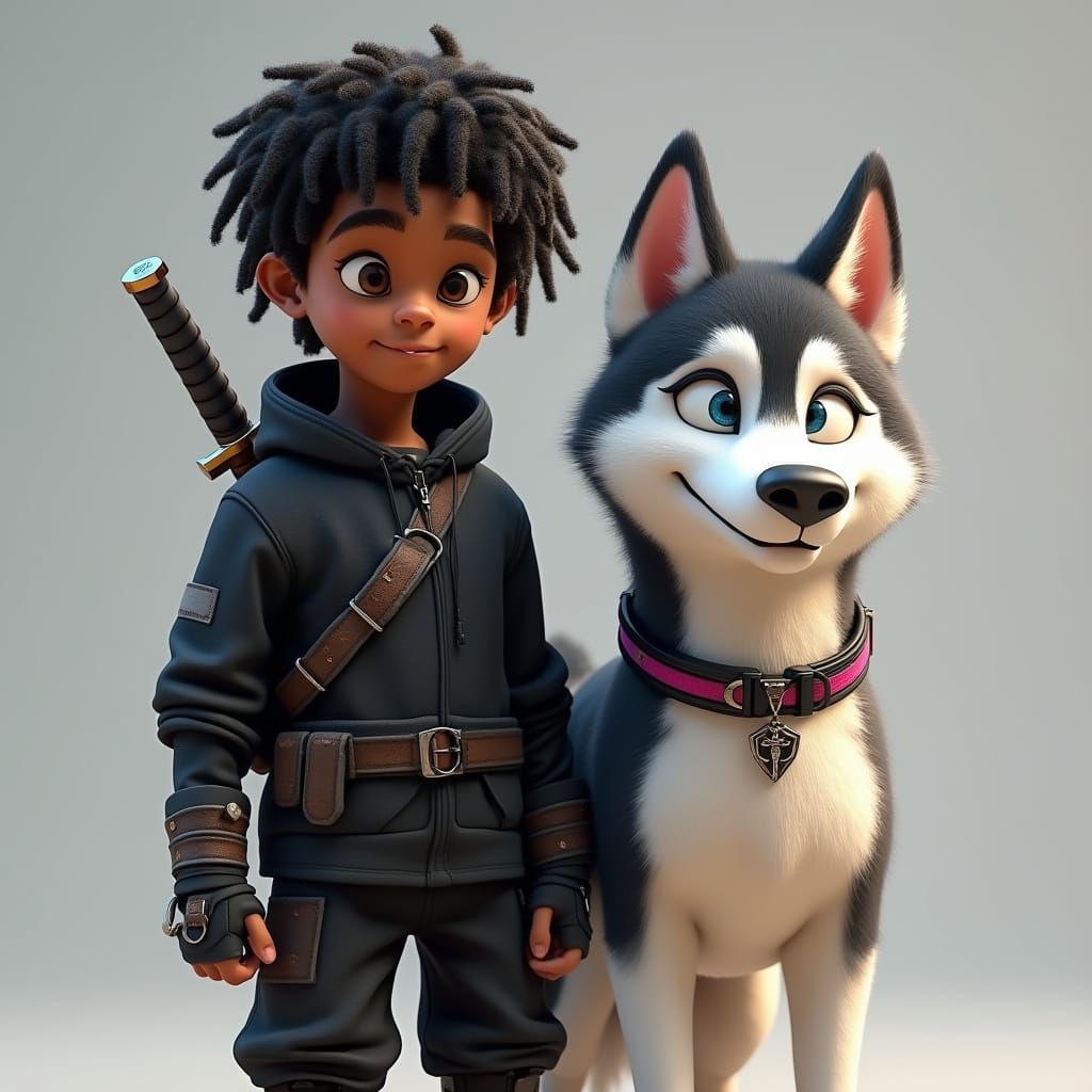 Confident Young Ninja Stands with Fierce Husky Com... - AI Art