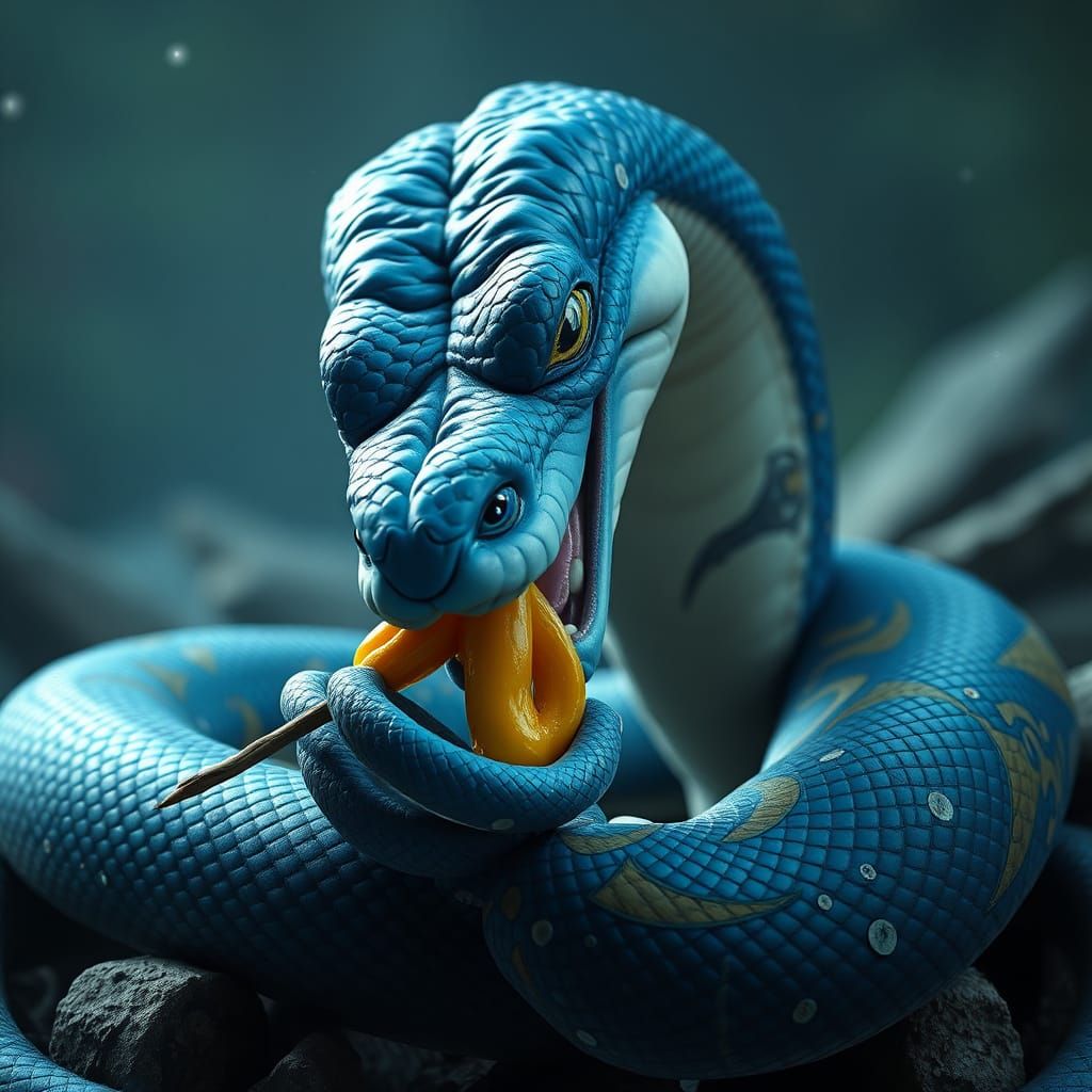 Blue Snake Devours Dango in Vibrant Fantasy Scene - AI Art