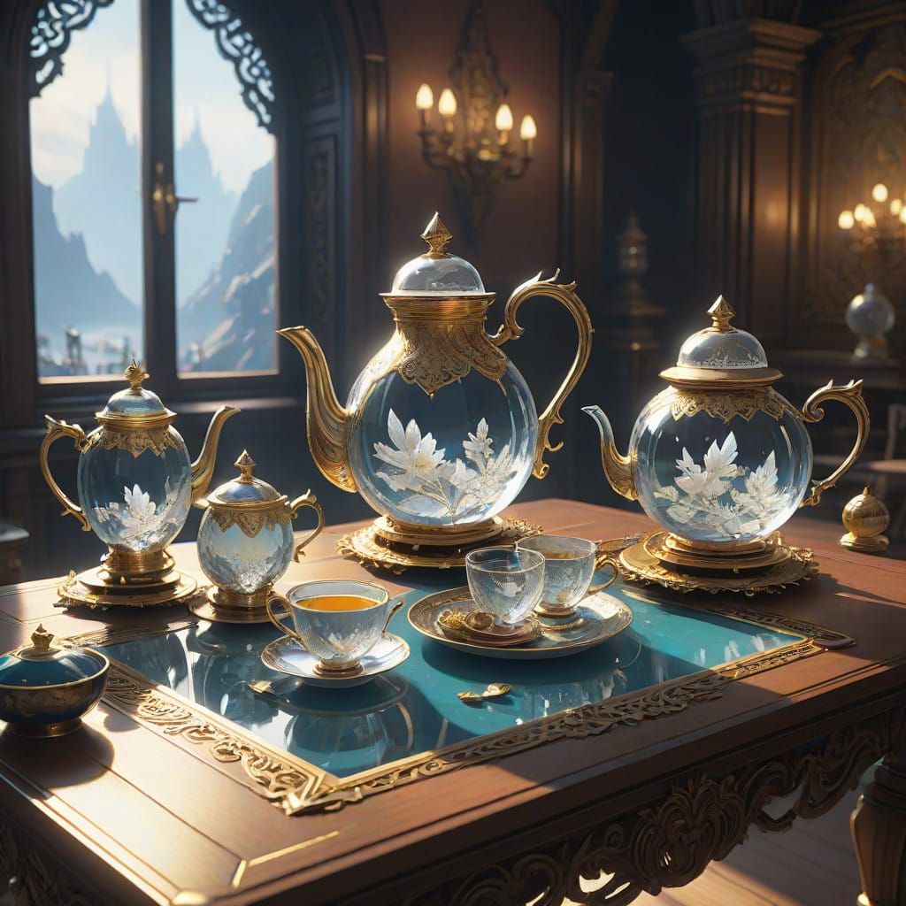 Crystal Tea Set on Golden Table in Anime-Inspired ... - AI Art