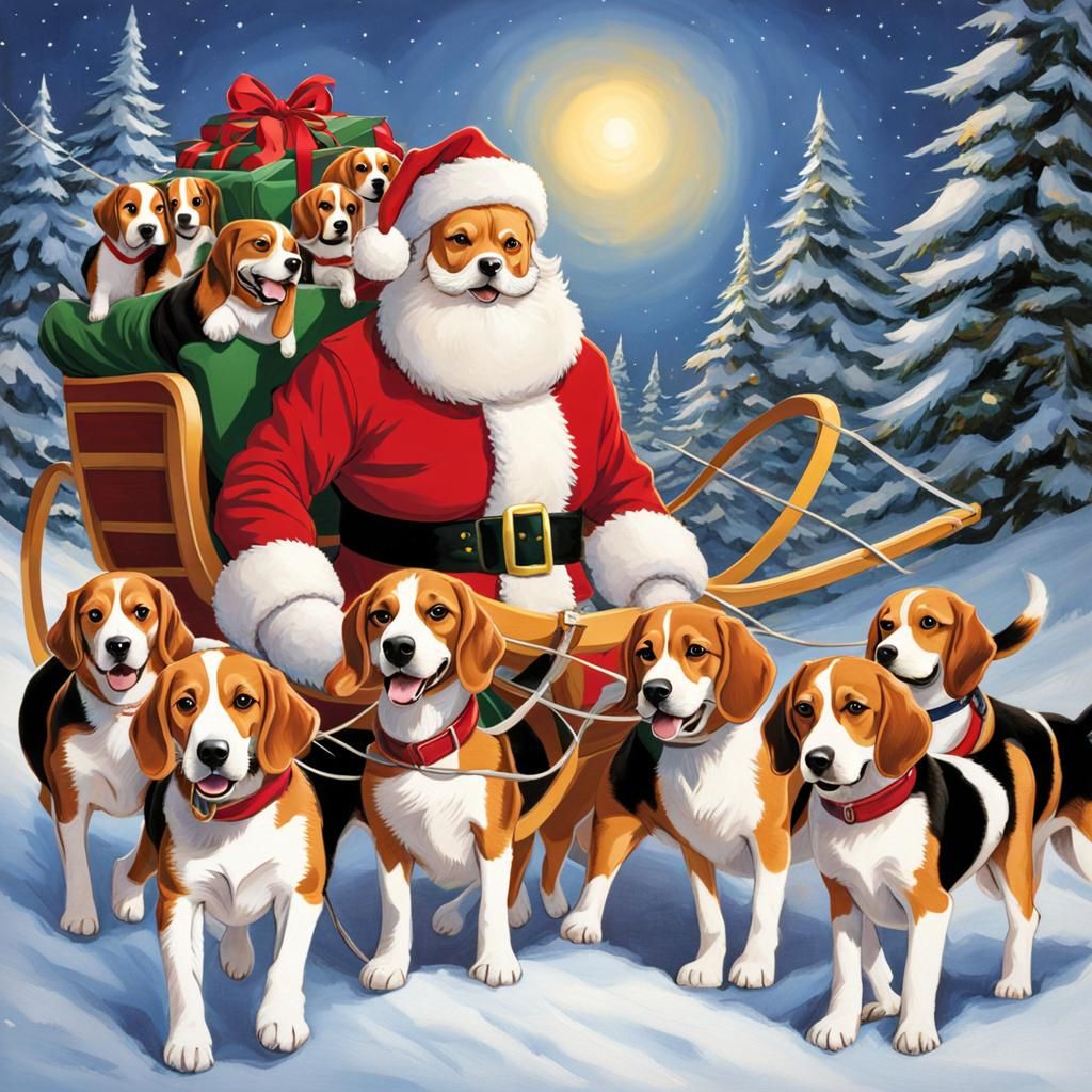 8 beagles pulling Santa's sled - AI Generated Artwork - NightCafe Creator