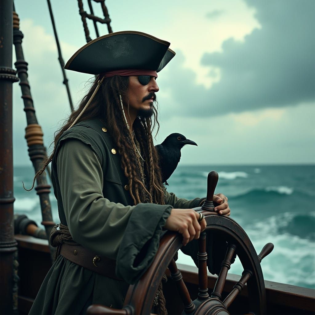 Swashbuckling Pirate on Stormy Sea, in a Photojour... - AI Art