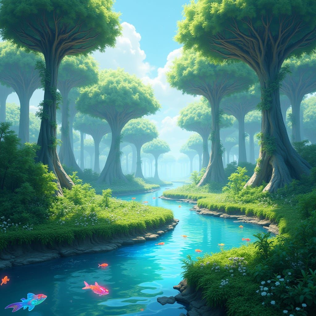 Surreal Futuristic Utopia with Bioengineered Trees... - AI Art