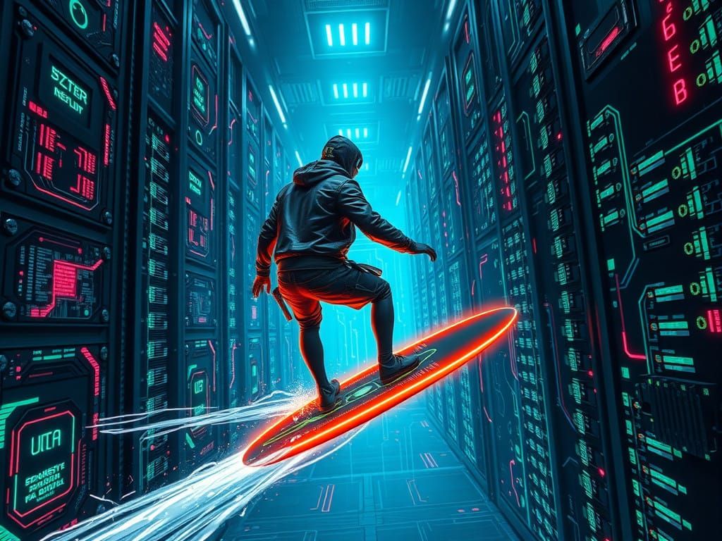 A hacker surfing the digital realm inside a futuristic computer mainframe
