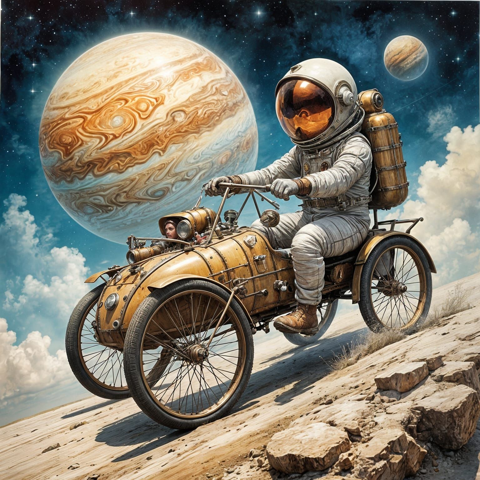 NASA Astonaut exploring Ganymede on an old fashioned steam-powered ...