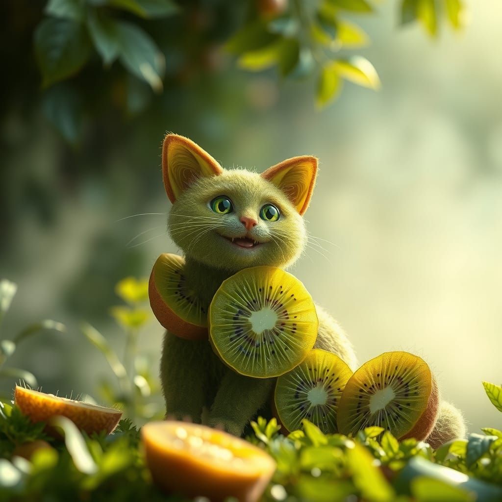 Kiwi Cat - Whimsical Kiwi Cat in Organic Futurist Garden