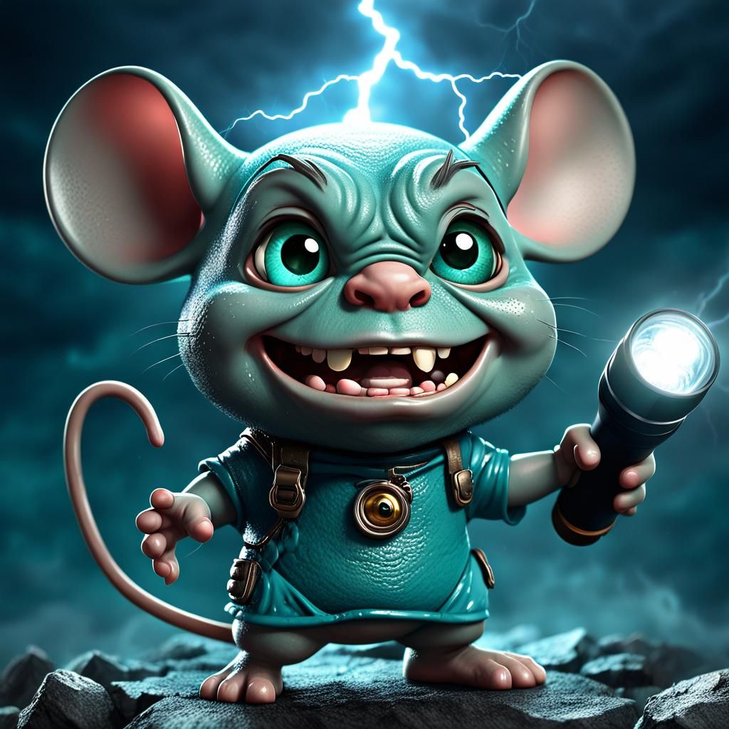 an aggressive but cute exaggerated aqua chibi mouse holding flashlight ...