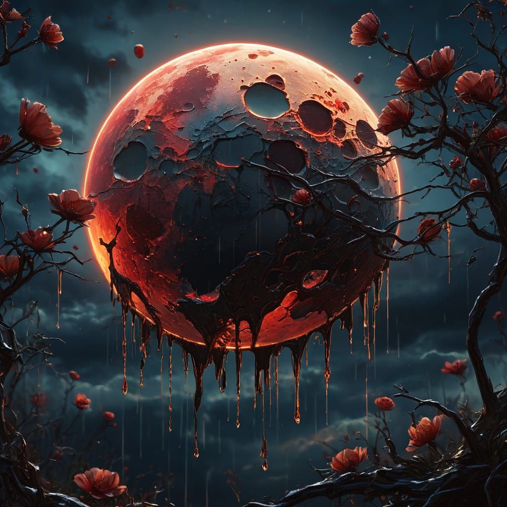 The Bleeding Moon - Bleeding Moon Amidst Bioluminescent Flow...