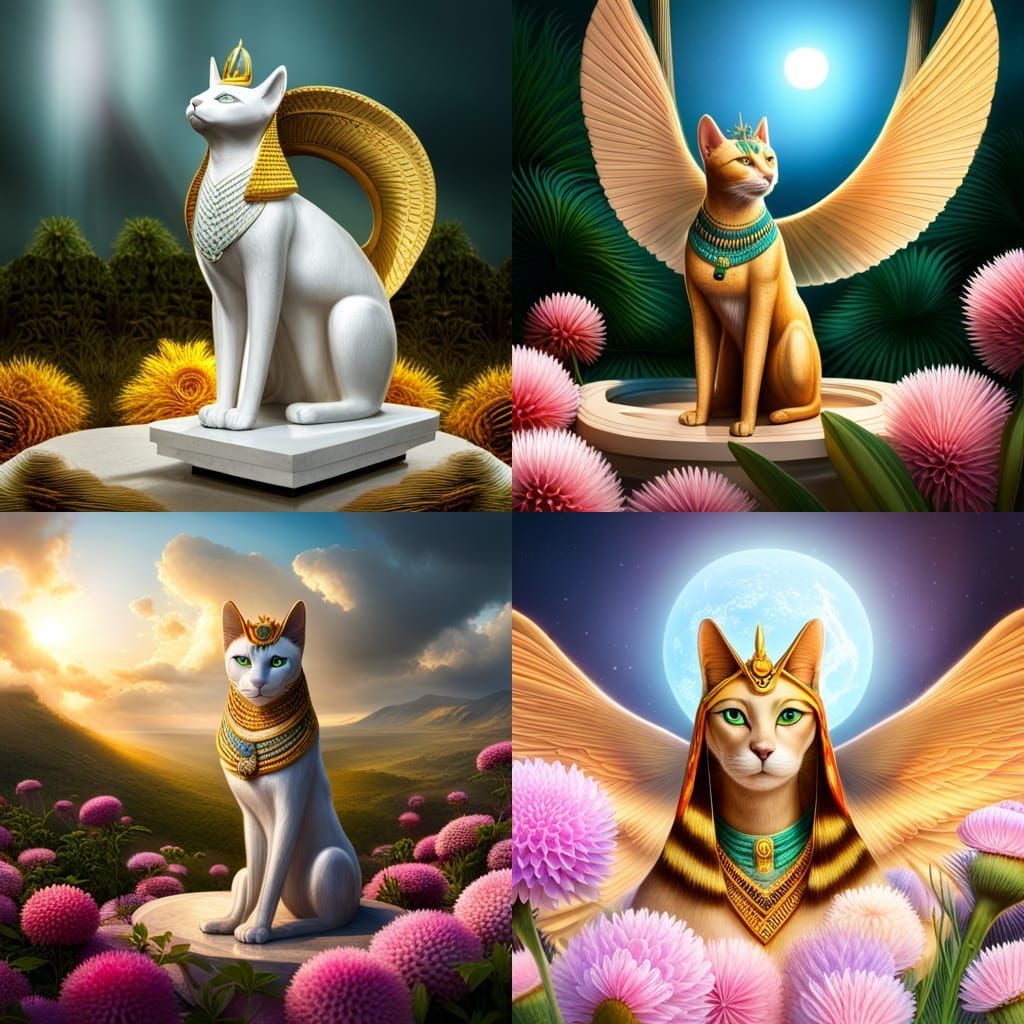 Bastet ancient Egyptian cat goddess, wearing a sun disc crown, with her ...