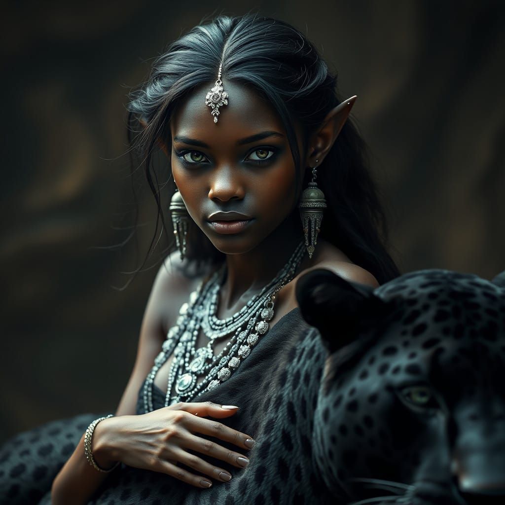 Cute African elf beauty, sitting on a black panther