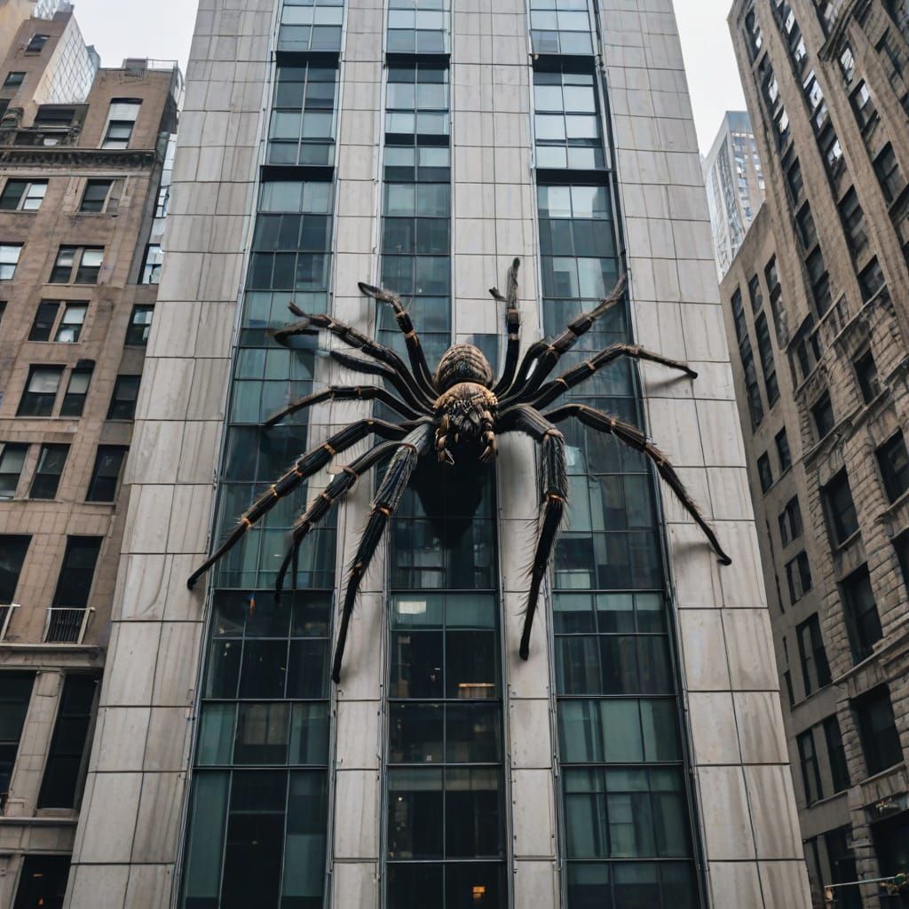 Giant hairy spider crawling up the side of a skyscraper in New York City