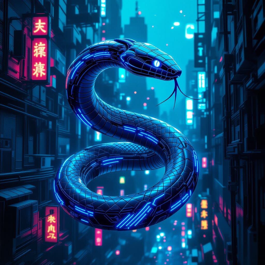 cyber snake - Futuristic Cyber Snake in Neon Cityscape