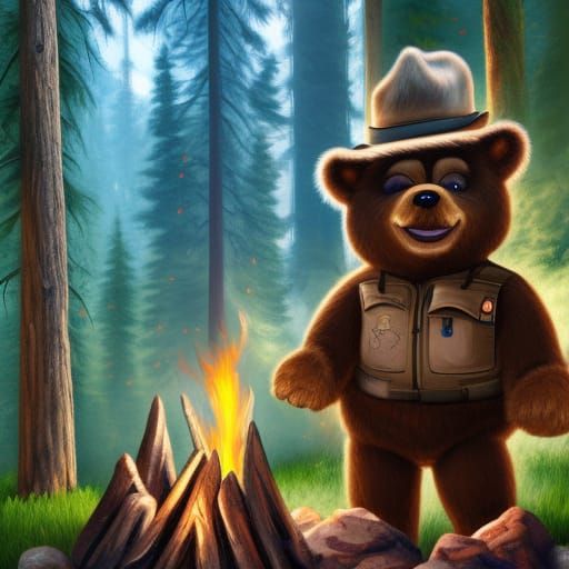 Smokey, the bear making sure the campfire is safe!intricately detailed smokey the bear standing ...