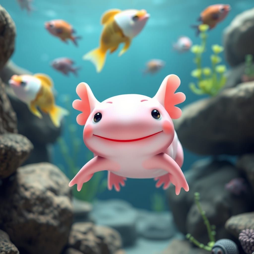 A happy axolotl - Whimsical Axolotl in Underwater Wonderland