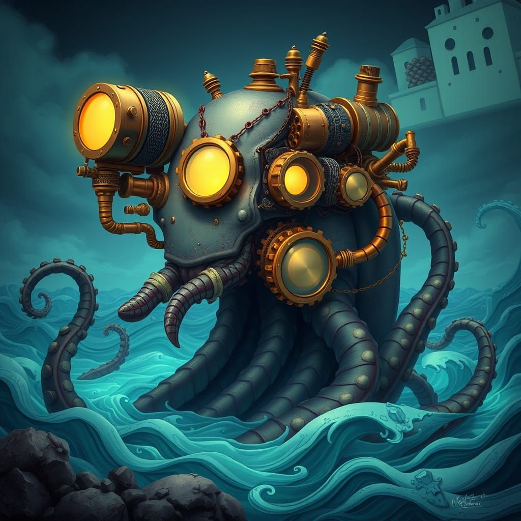 Steampunk Kraken Rising from Bioluminescent Ocean - AI Art
