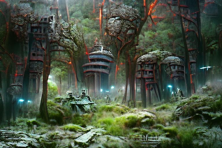 Sci-fi forest with military ruins by Nicolas Bouvier, Vincent di Fate ...