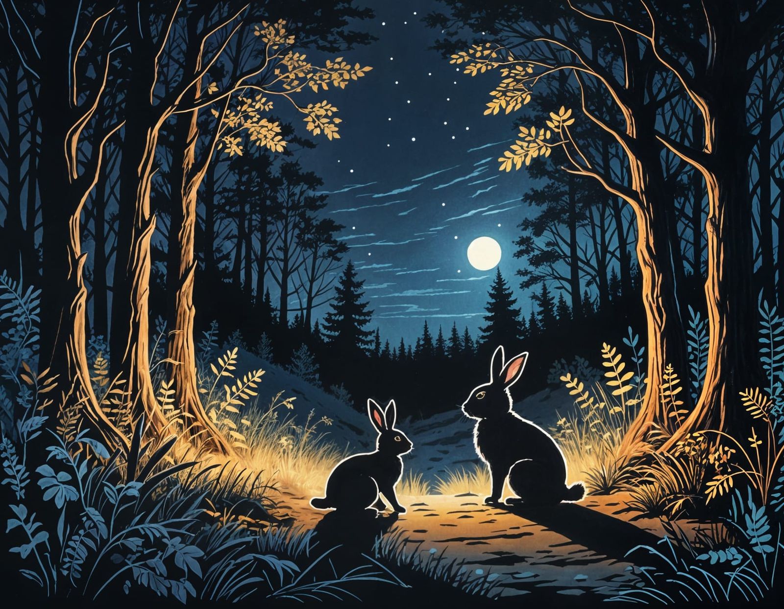 The Watchers - Moonlit Forest Encounter in Whimsical Cartoon...