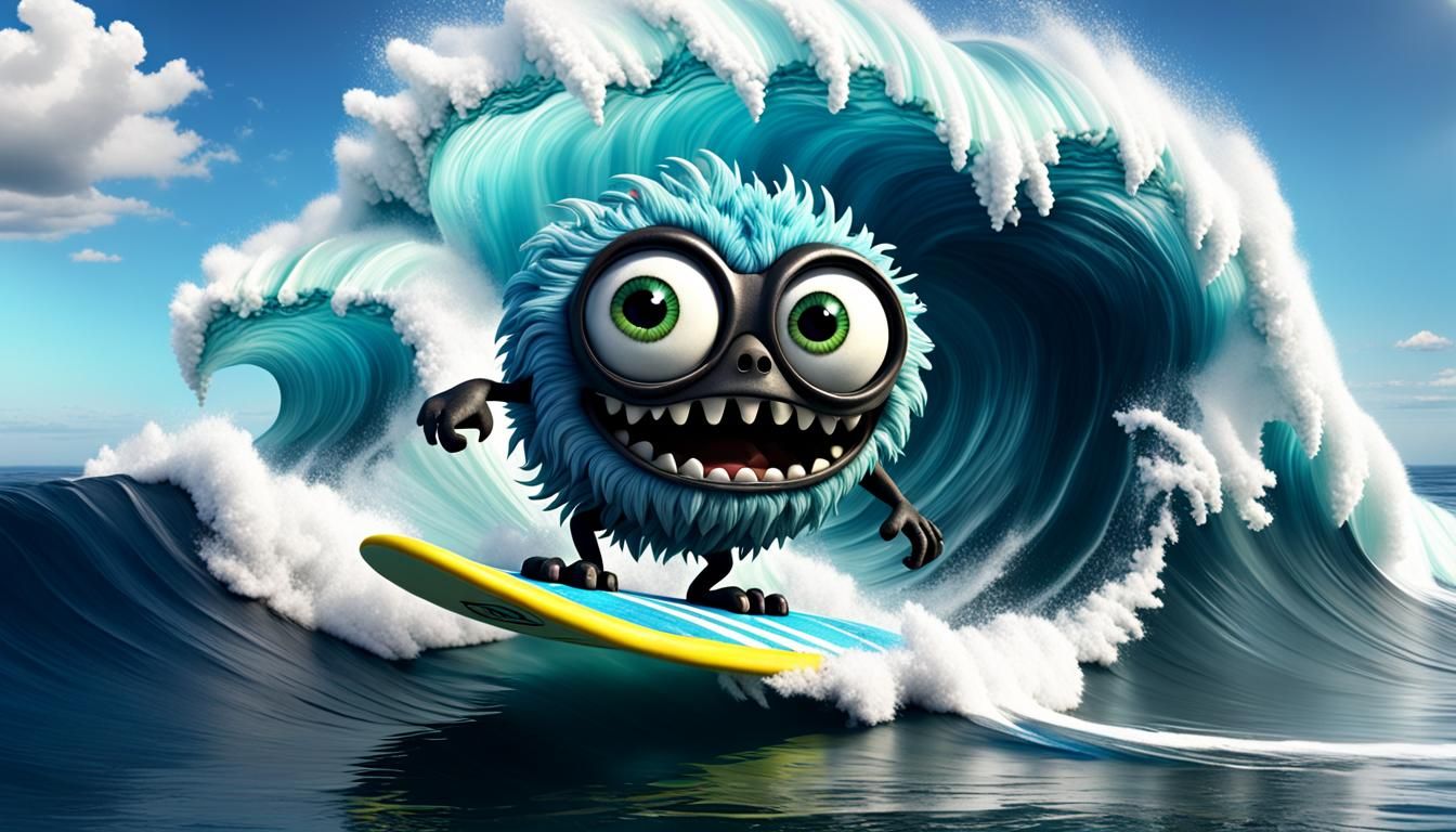 a 3d adorable huge eyed long lashed very fluffy fuzz monster surfing on ...