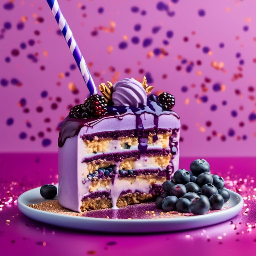 A purple milk shake topped with a slice of blueberry chees cake ...