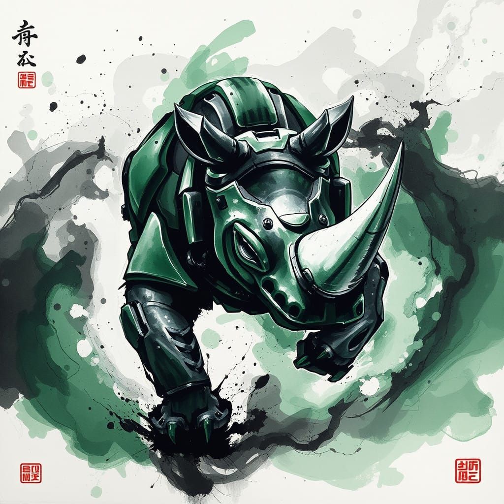 Whimsical Chinese-Inspired Cyborg Rhino Art - AI Art