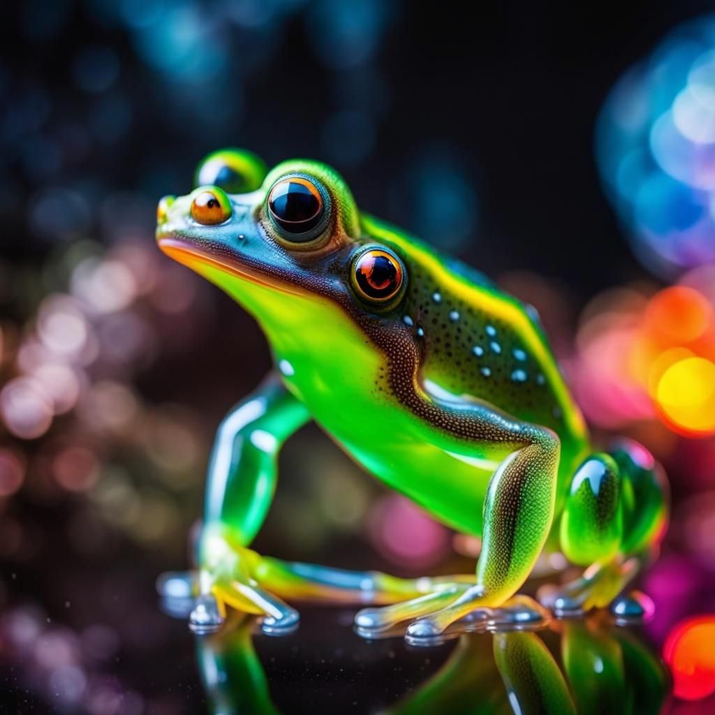 macro photo, a beautiful translucent glass dragon frog that glows ...