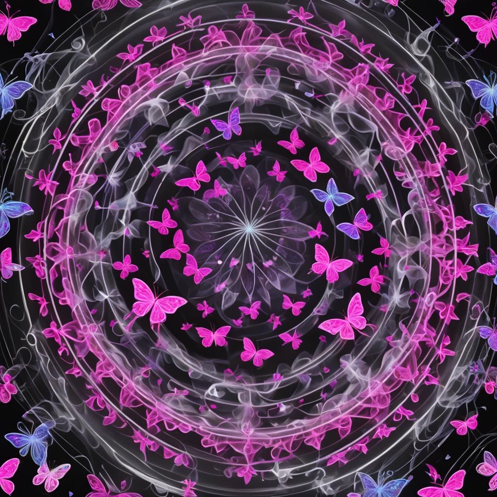 White smoke, neon periwinkle, magenta mandala with tiny pink neon ...