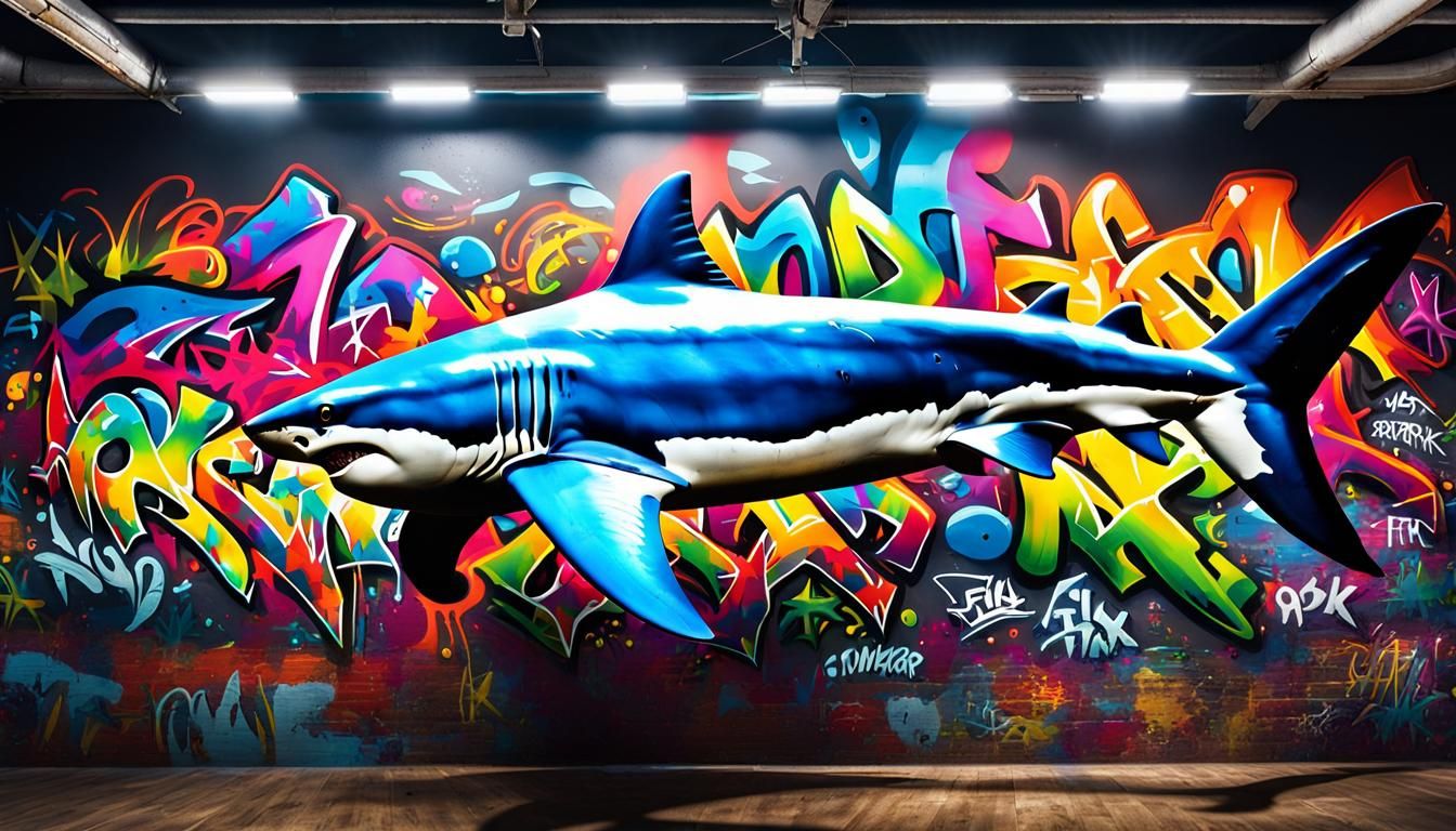 A great white shark covered in colorful graffiti, swimming underwater ...