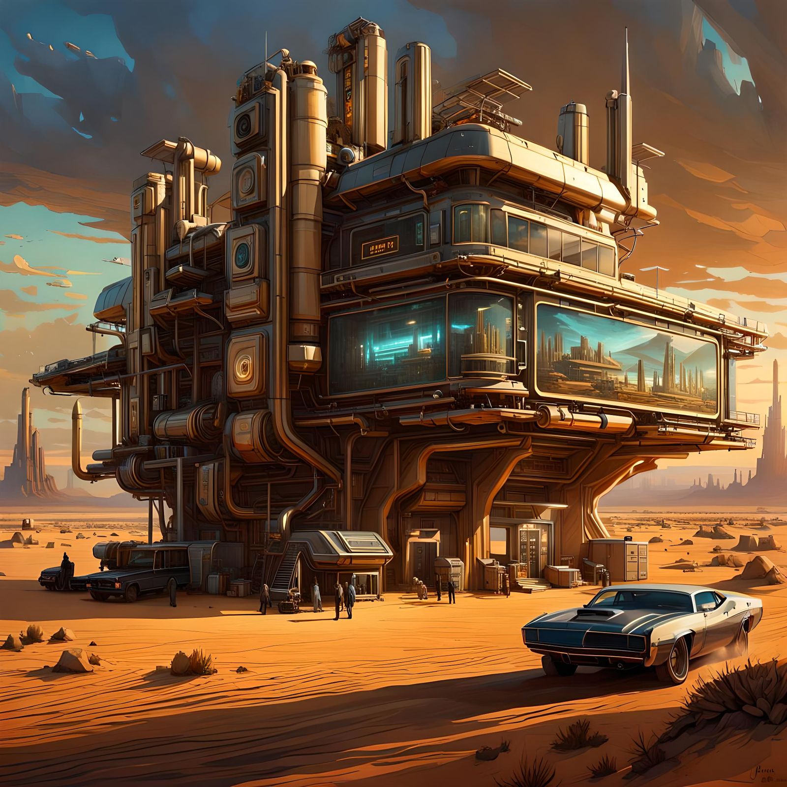 Futuristic cyberpunk factory in a mesa desert, art by JC and Frank X ...