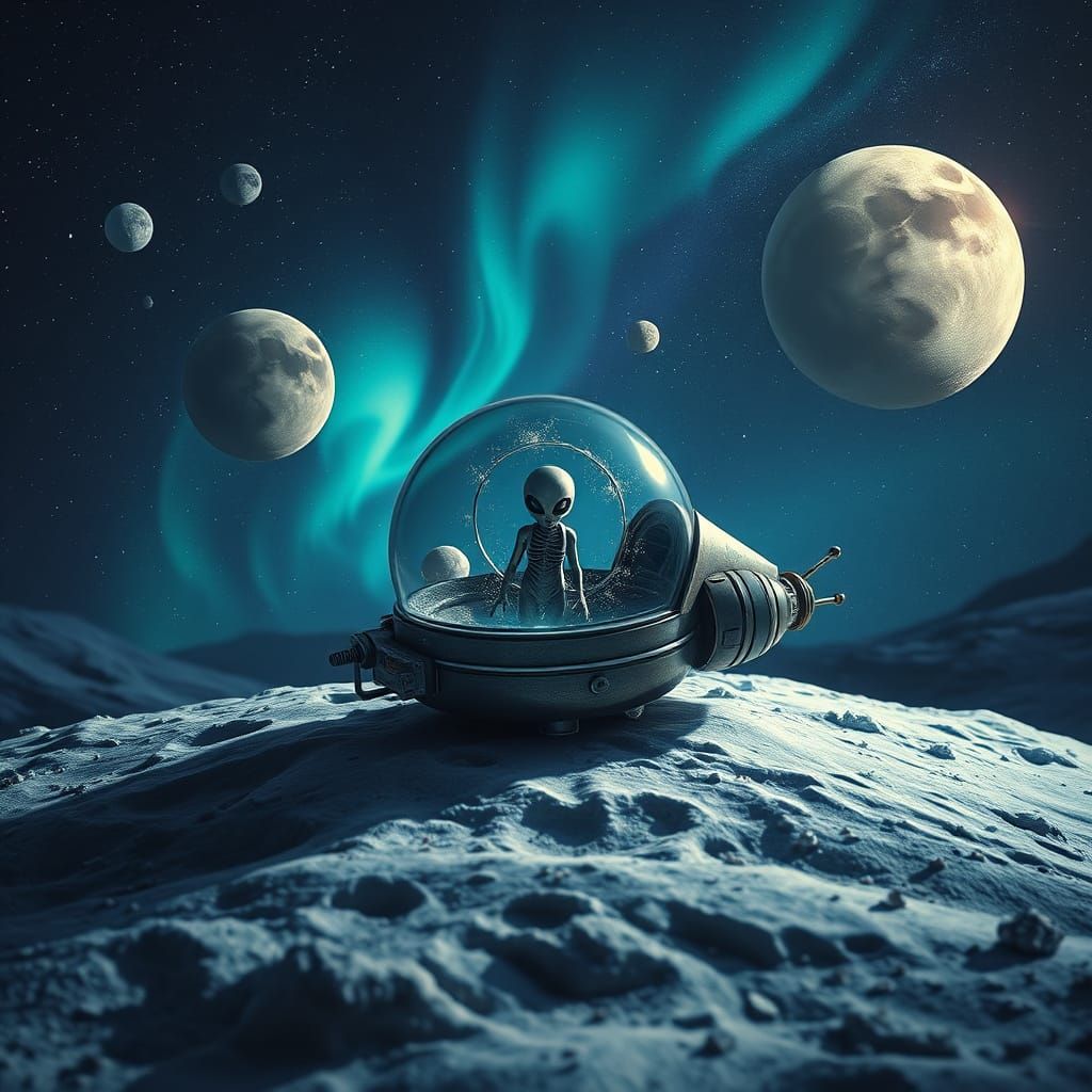 Miniature Alien Spaceship Under Starry Moonlit Ski... - AI Art