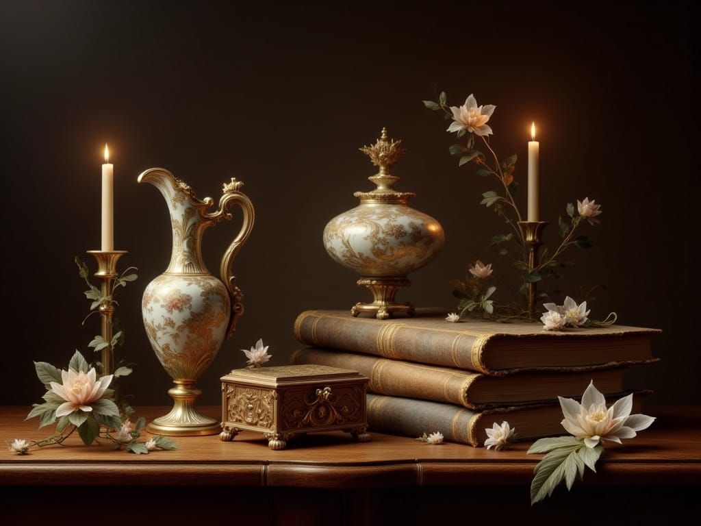 Ethereal Still Life with Leather Book, Vase, and M... - AI Art