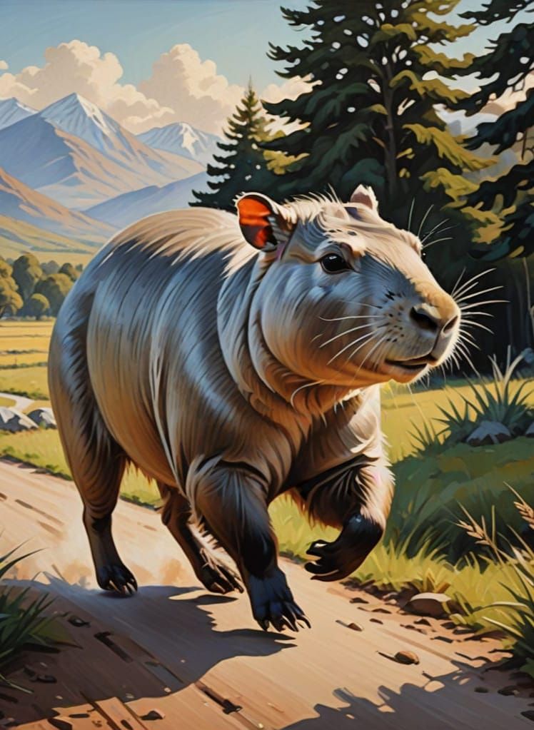 Portrait of a Capybara, running in a beautiful landscape.