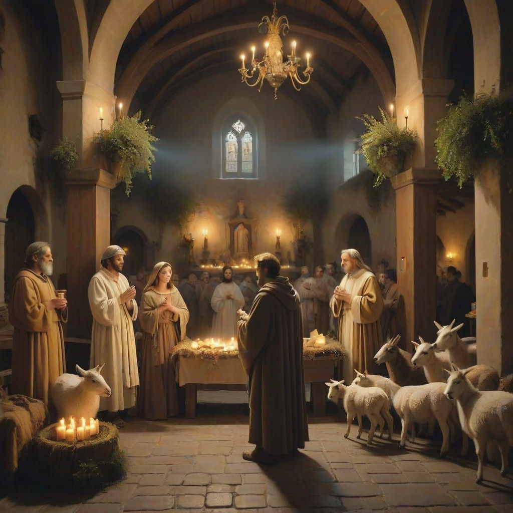 Traditional Nativity scene at church, with sheep