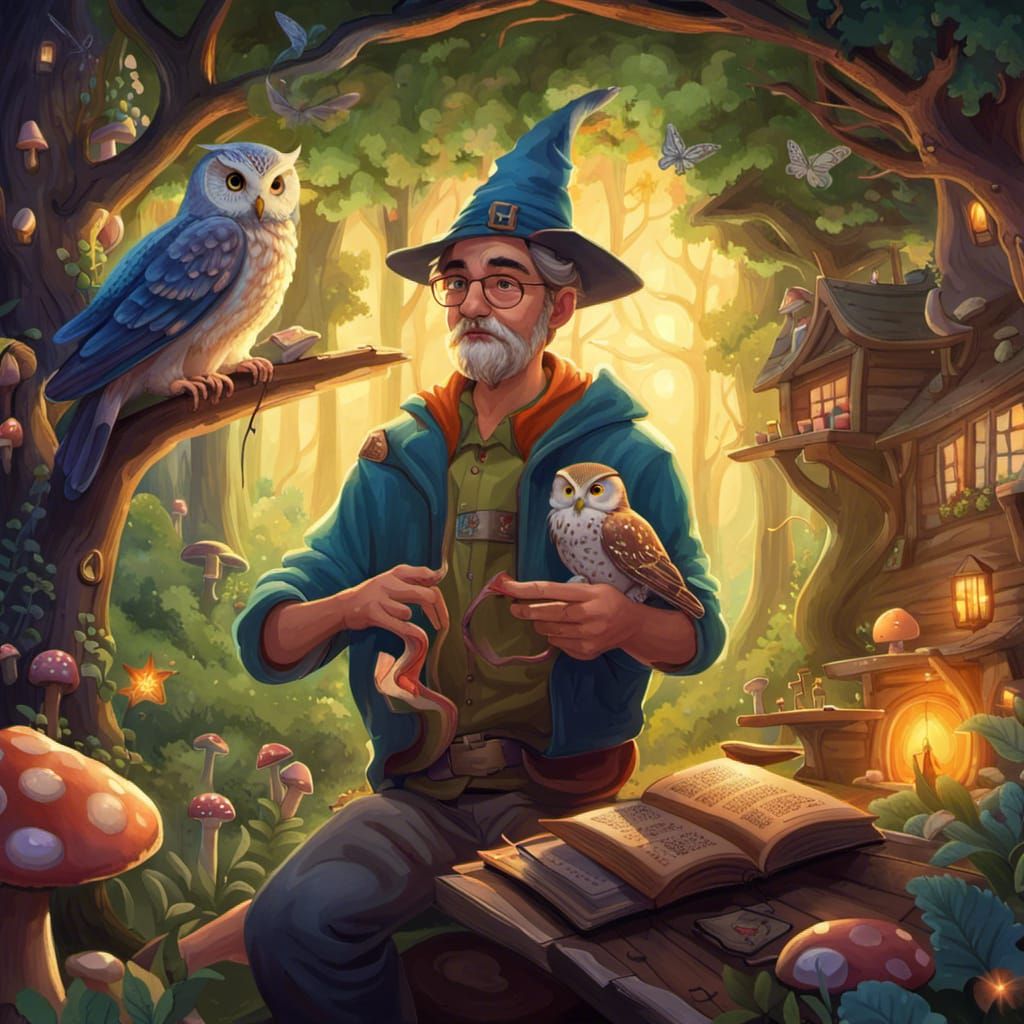 In a first-person perspective, a man with wizard with an owl in his ...