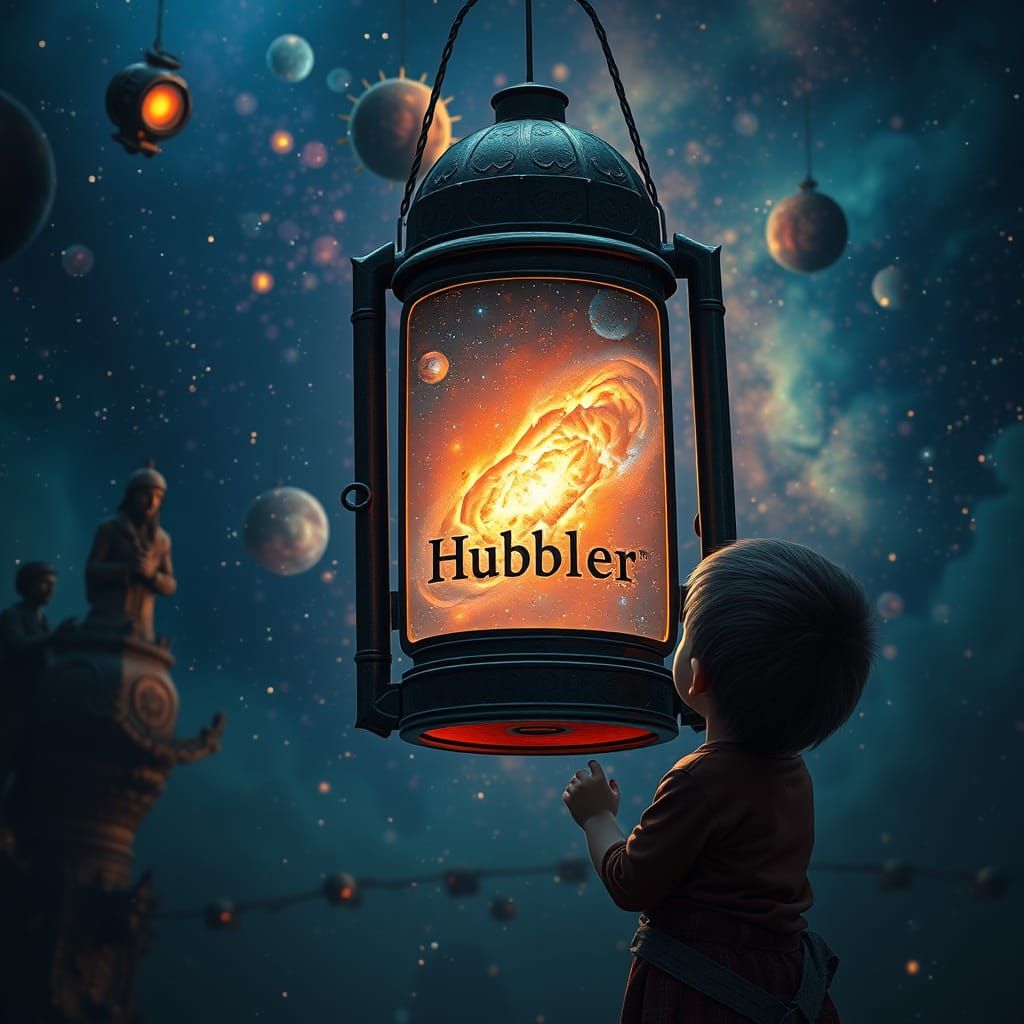 Child Contemplates Hubble's Nebula in Lantern - AI Art