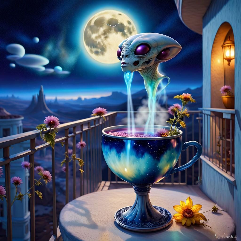 hot alien drink steaming in an alien wine cup, on the balcony of an ...