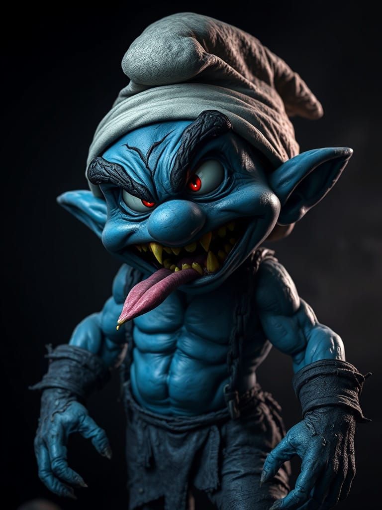 Grotesque full body little smurf demonic , fiercely snarling, glowing ...