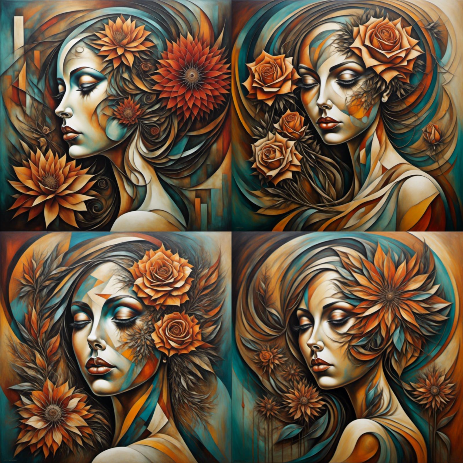 a surreal, fractal cubist masterpiece of a young woman gazing at a ...