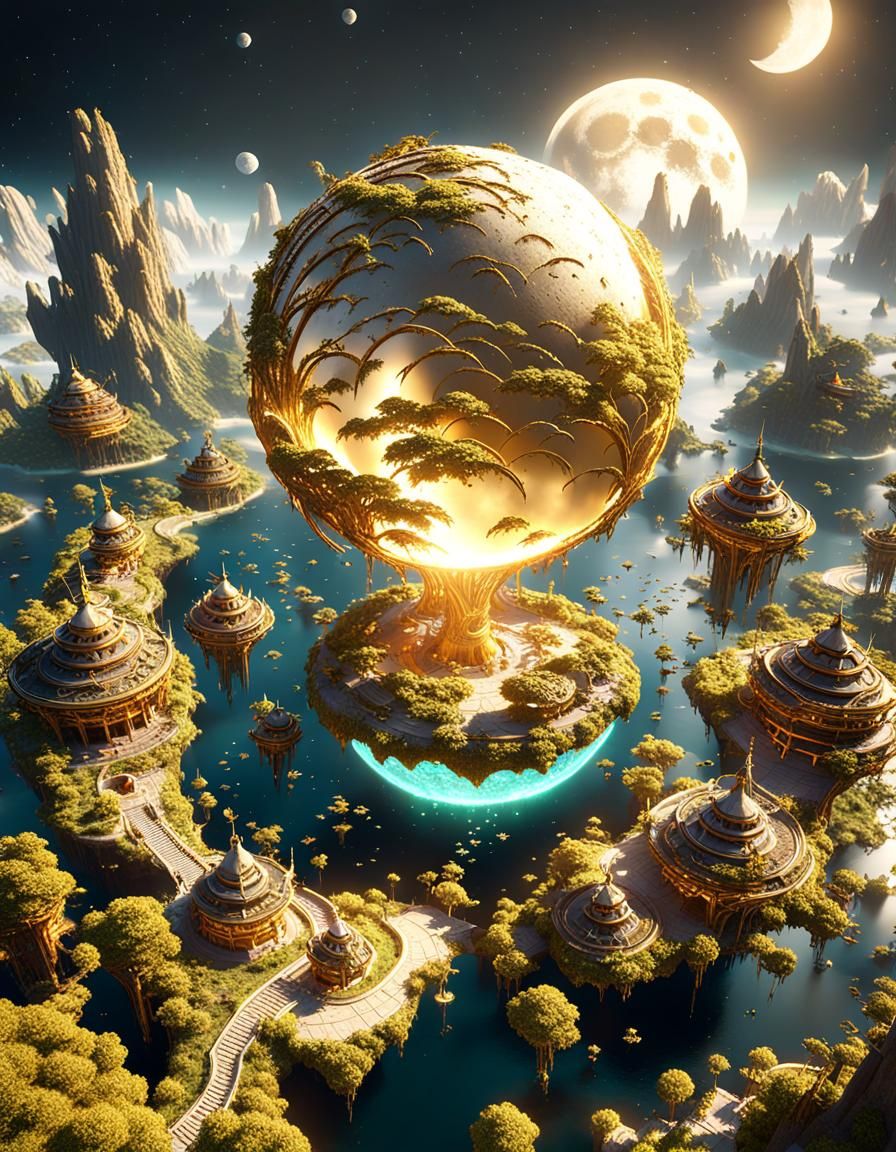 (add gold thread) floating giant moon islands, Little fairies with ...