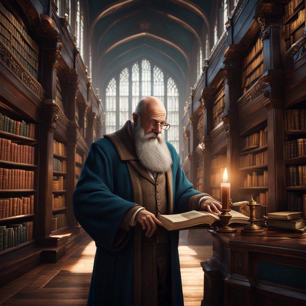 A bald professor with a greying beard frantically searching a library ...