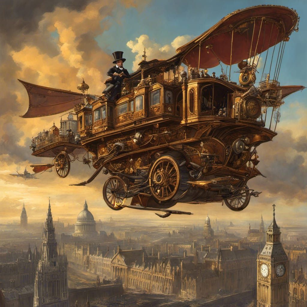 flying steampunk quadcopter coach, flying over London in the late 19th century, fantasy in the ...