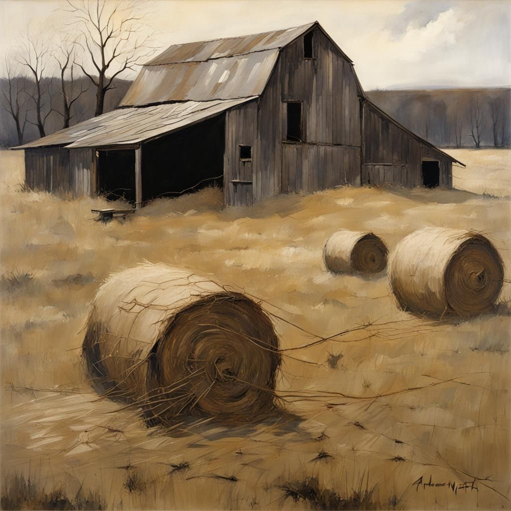 Art by Andrew Wyeth, rustic barn scene, rich tapestry of textures ...