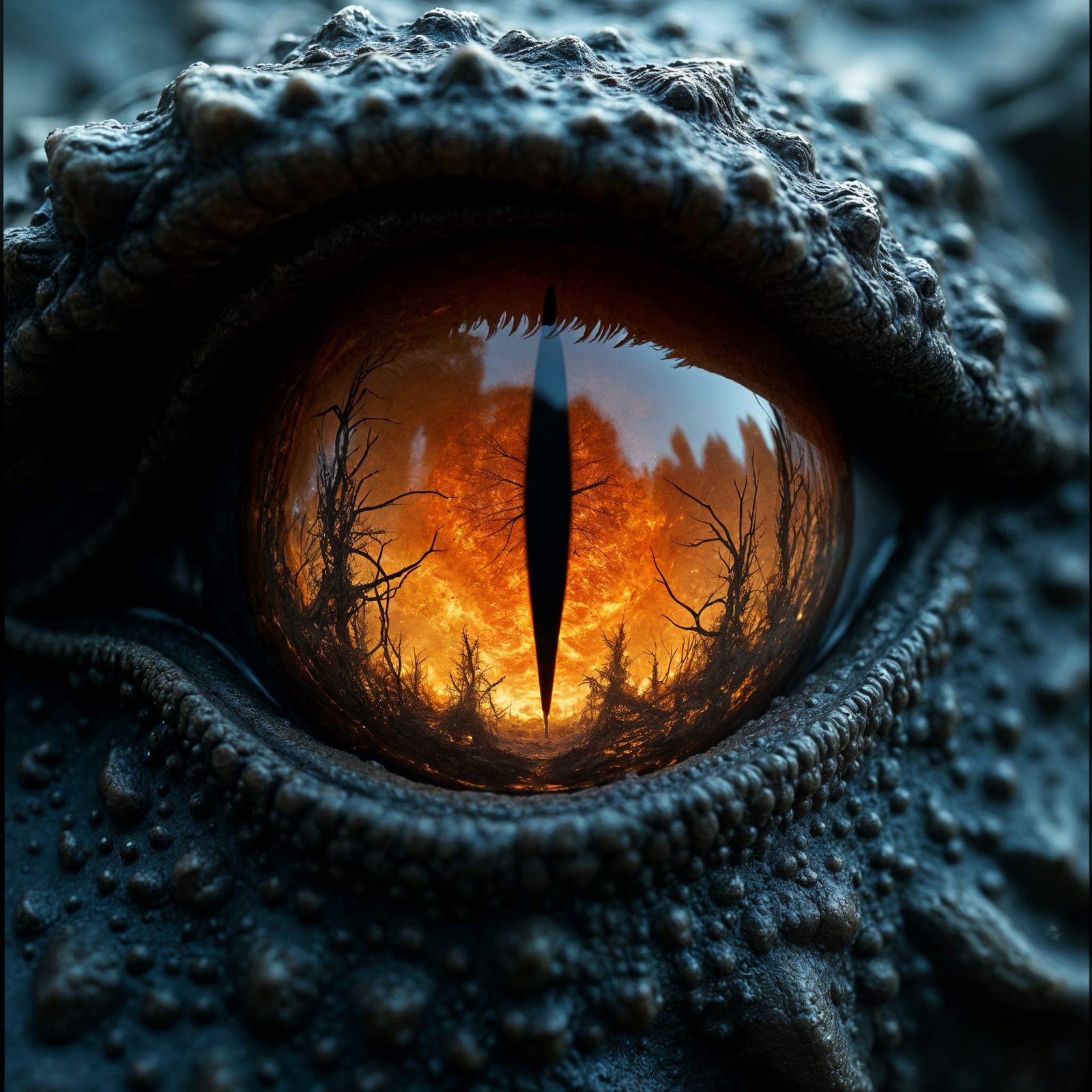 "A highly detailed close-up of a dragon's eye with intricate textures ...