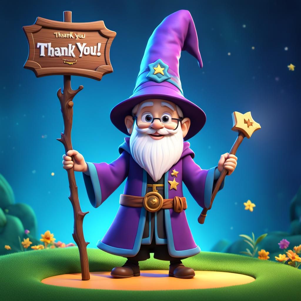 a cute wizard holding a wooden sign that says: "Thank you!", upultra ...