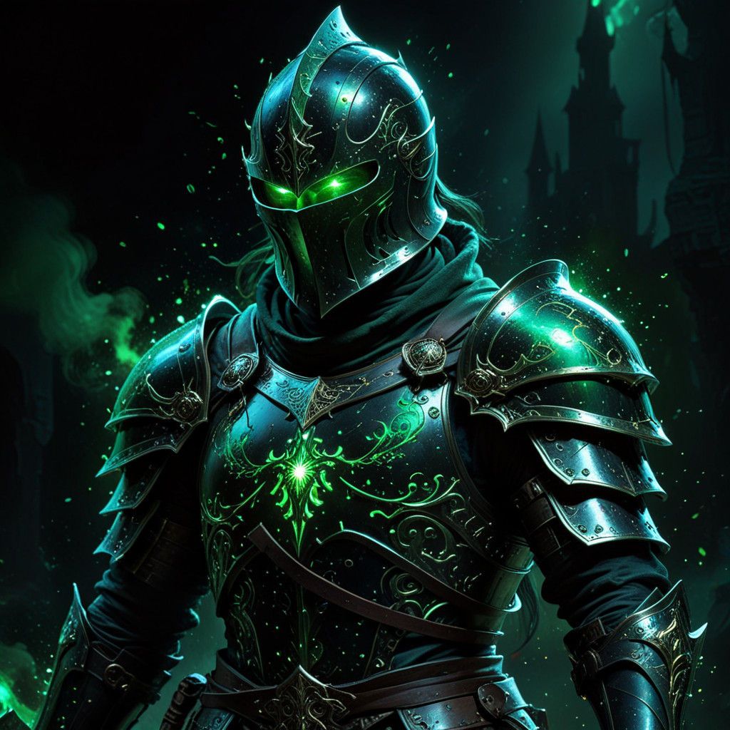 a knight wearing black armor with glowing green gilding
