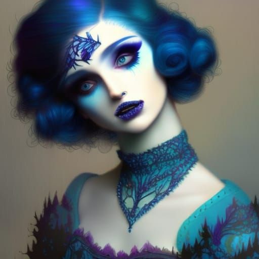 Ethereal gothic young lady with indigo hair and indigo eyeshadow and ...