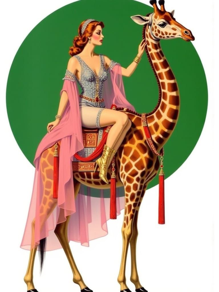 Glamorous Woman on Giraffe: Vintage Magazine Cover - AI Art