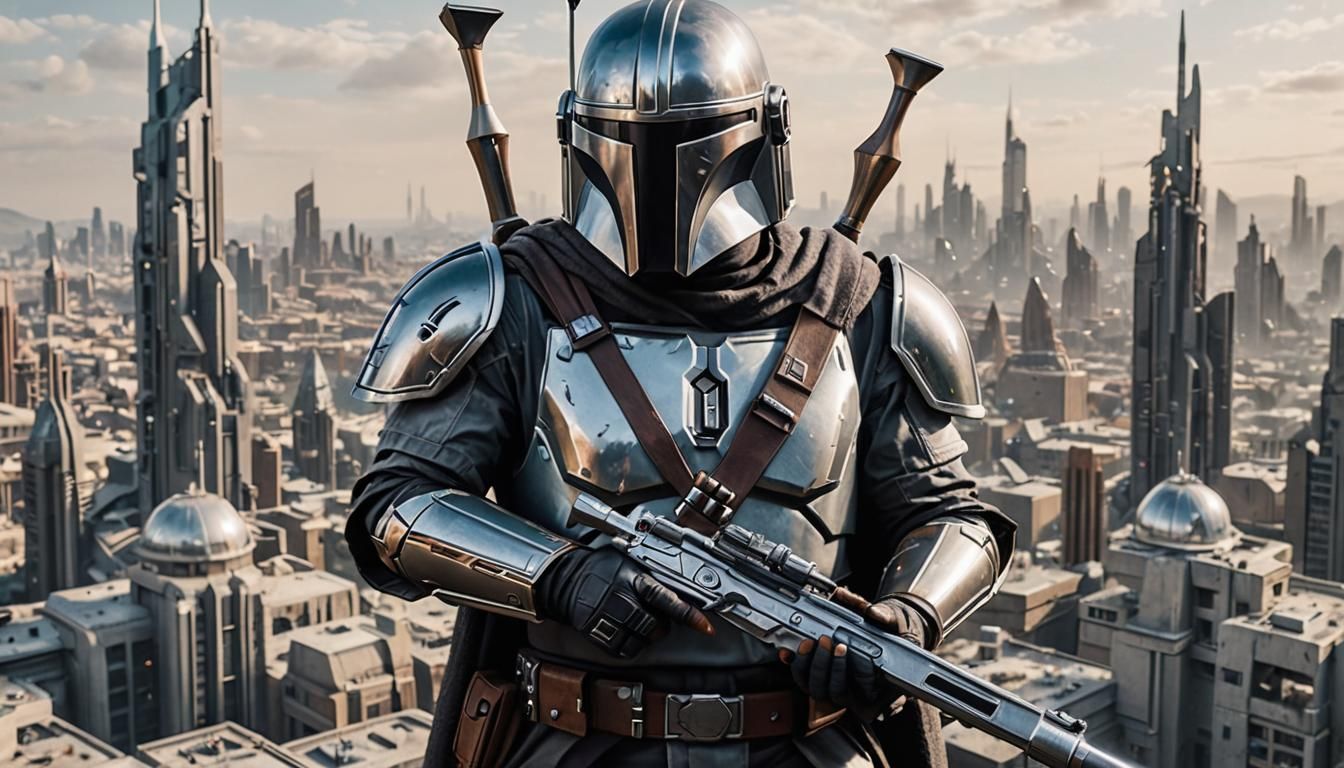 mandalorian holding an all silver wookie bowcaster in a futuristic ...