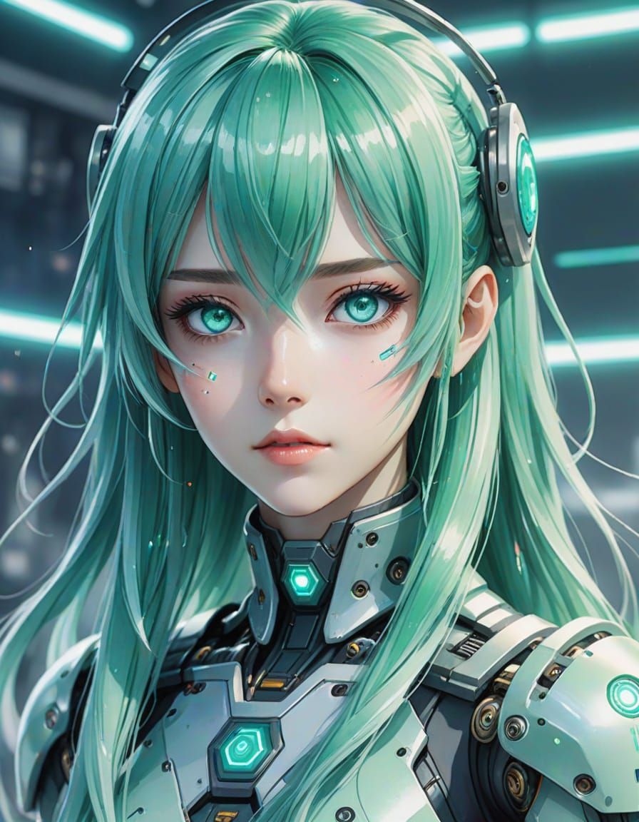 Watercolor Anime Portrait of Cybernetic Android - AI Art