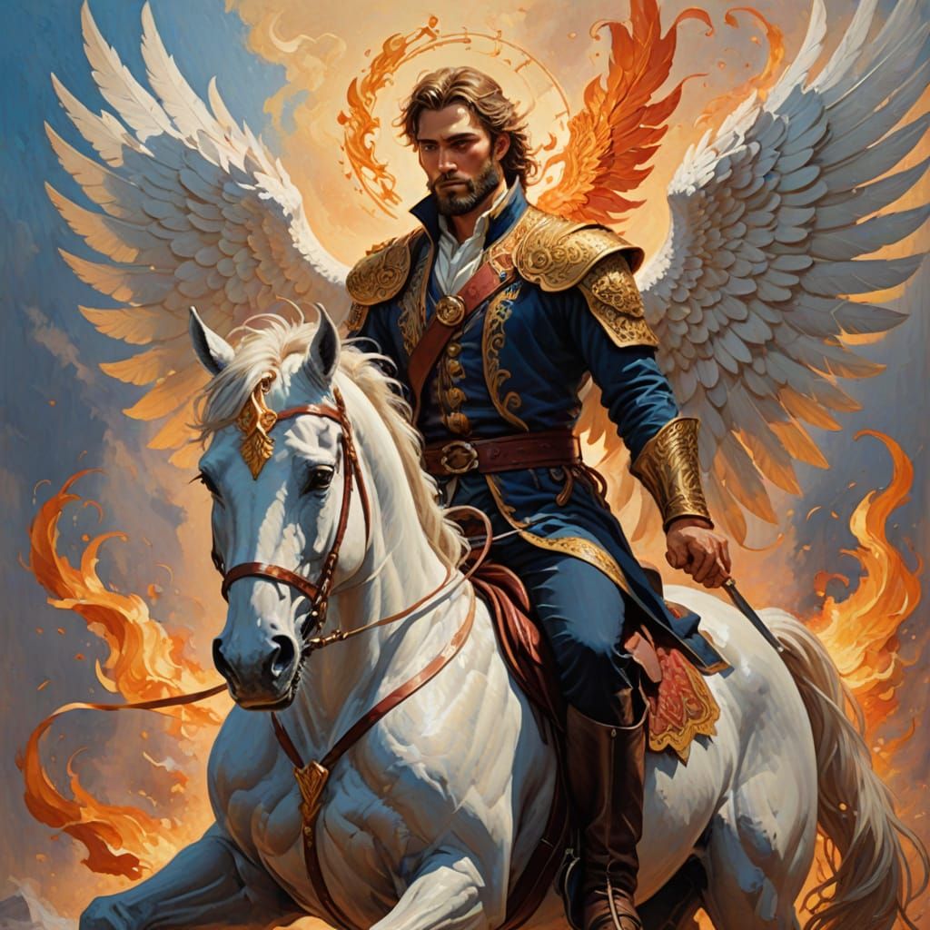 Handsome Hero Rides Winged Steed with Fiery Treble... - AI Art