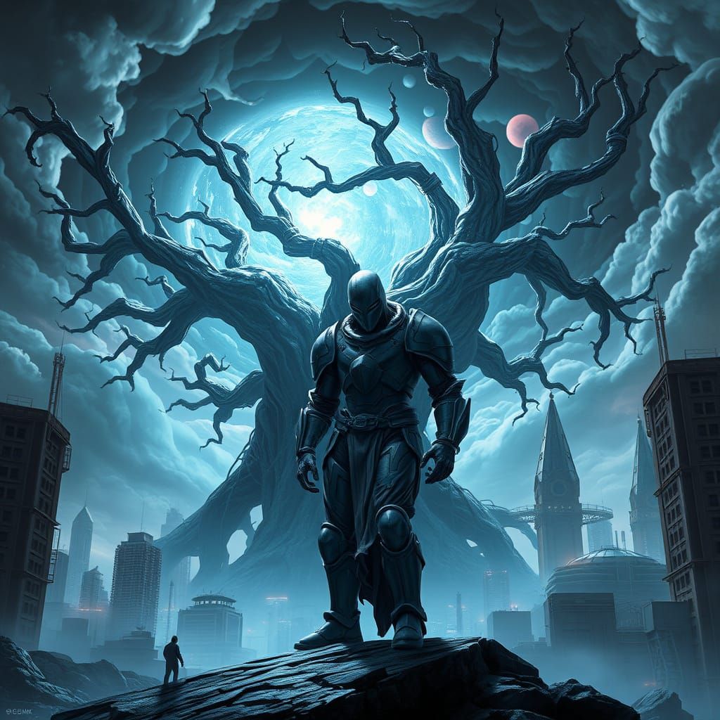 David and Goliath - Cyberpunk Knight Emerges from Dark, Twi...